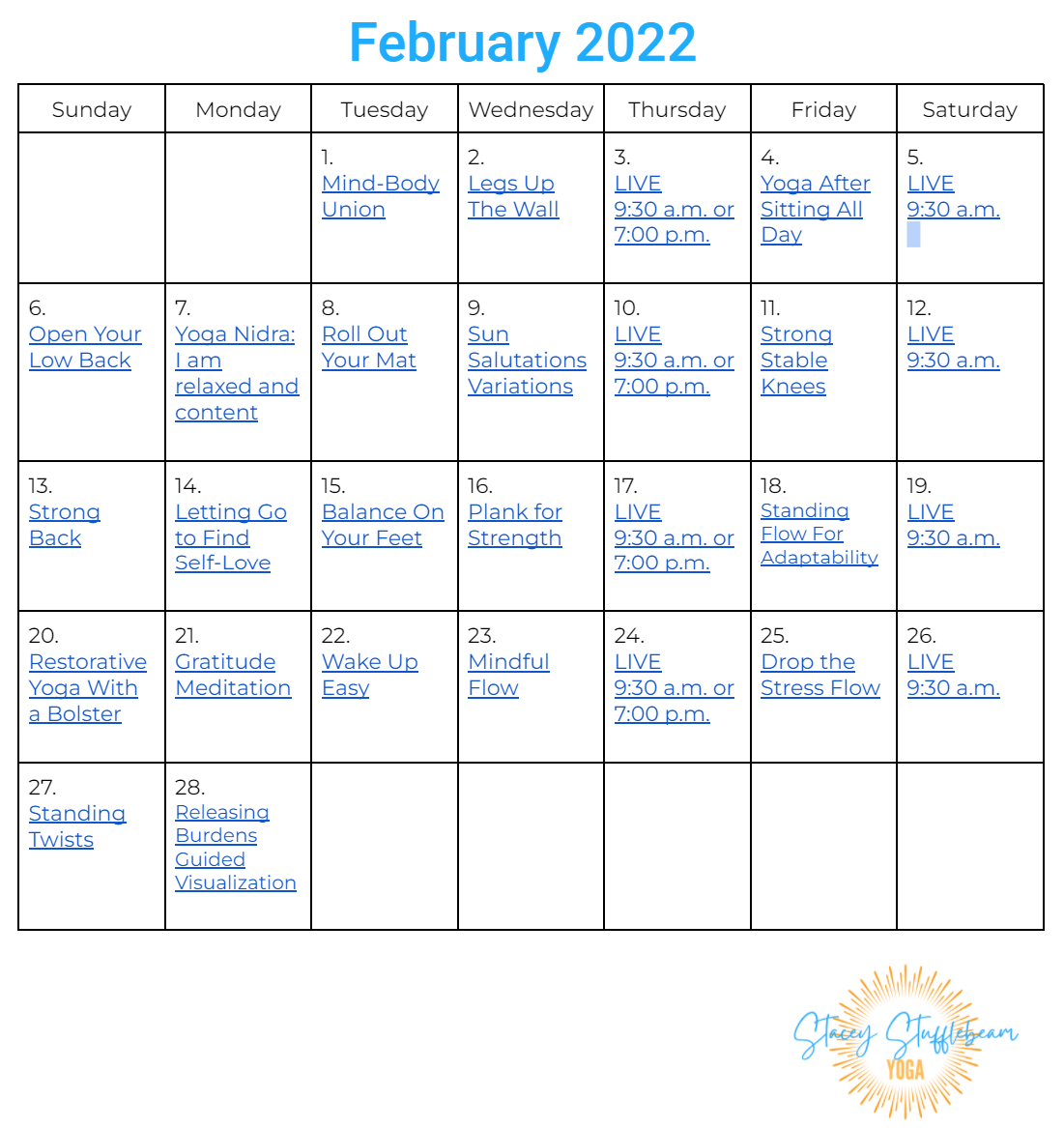 February 2022 Yoga Calendar - Stacey Stufflebeam Yoga