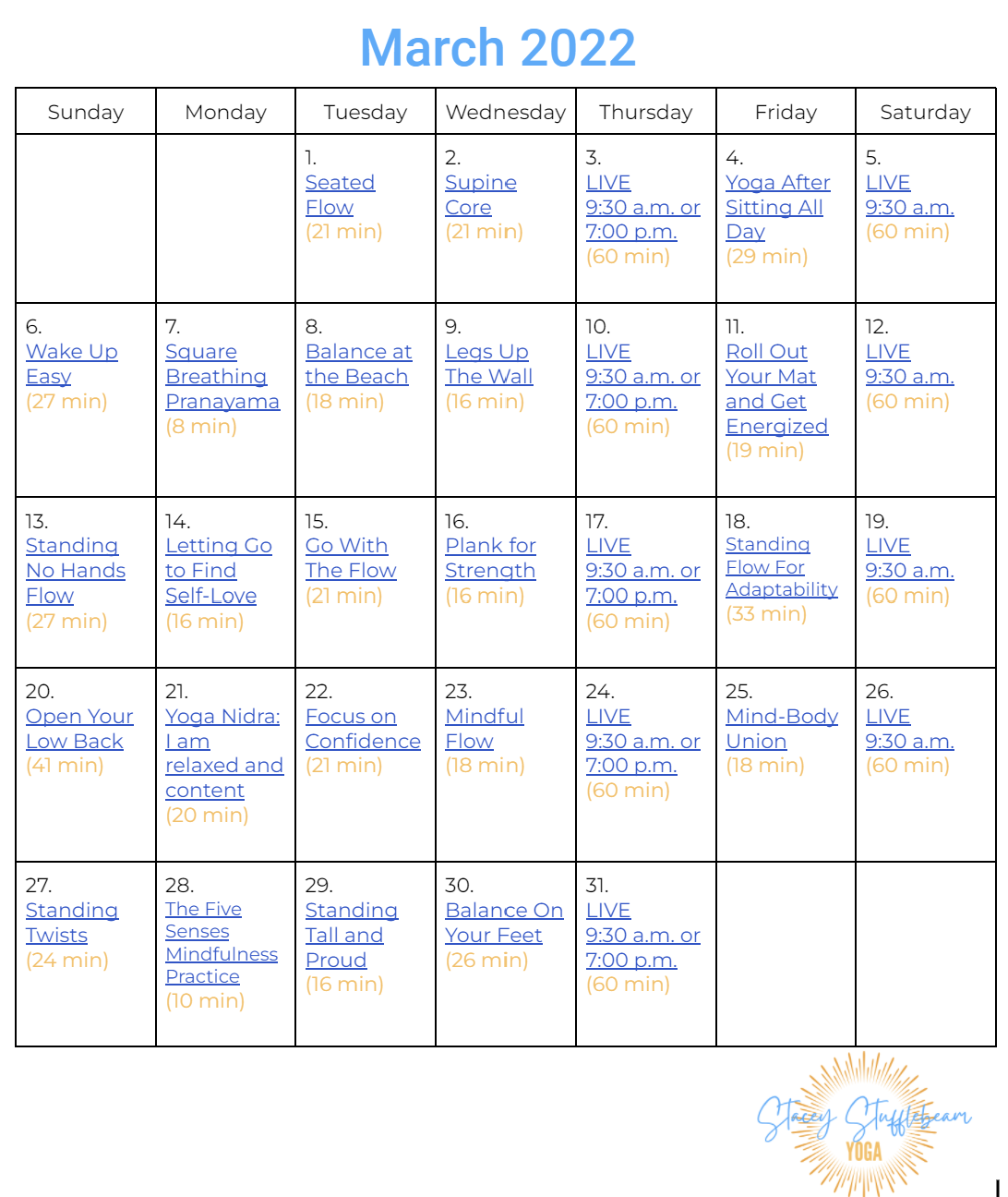 March 2022 Yoga Calendar - Stacey Stufflebeam Yoga