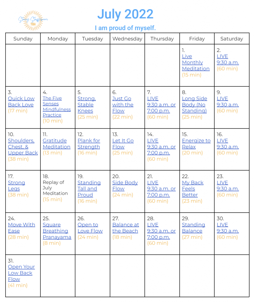 July Yoga Calendar - Stacey Stufflebeam Yoga
