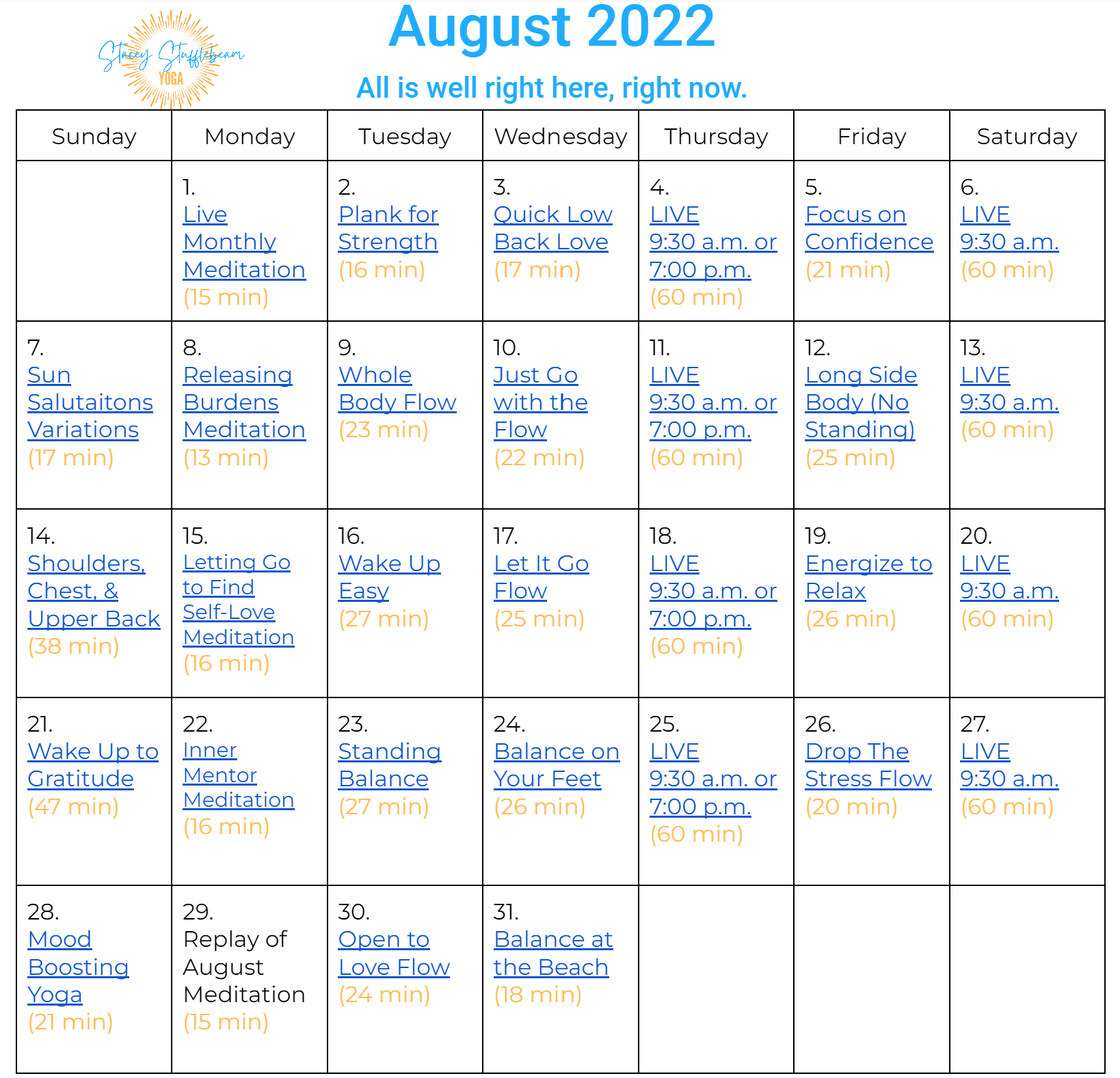 August Yoga Calendar - Stacey Stufflebeam Yoga