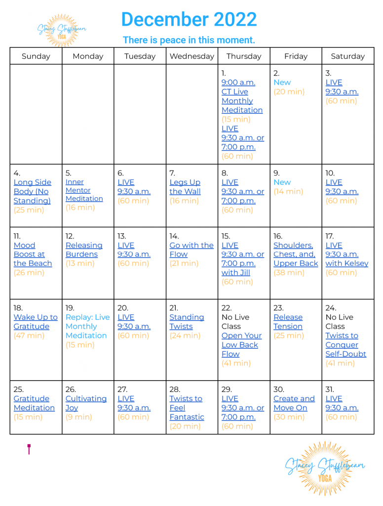 December Yoga Calendar - Stacey Stufflebeam Yoga