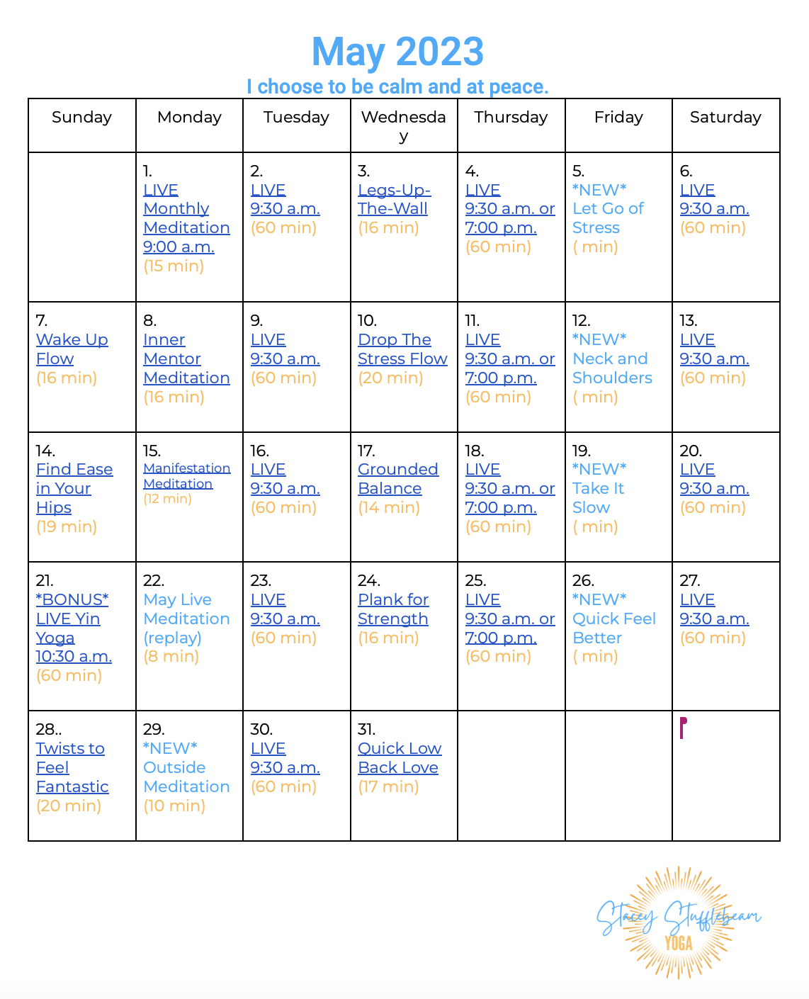 May Yoga Calendar - Stacey Stufflebeam Yoga
